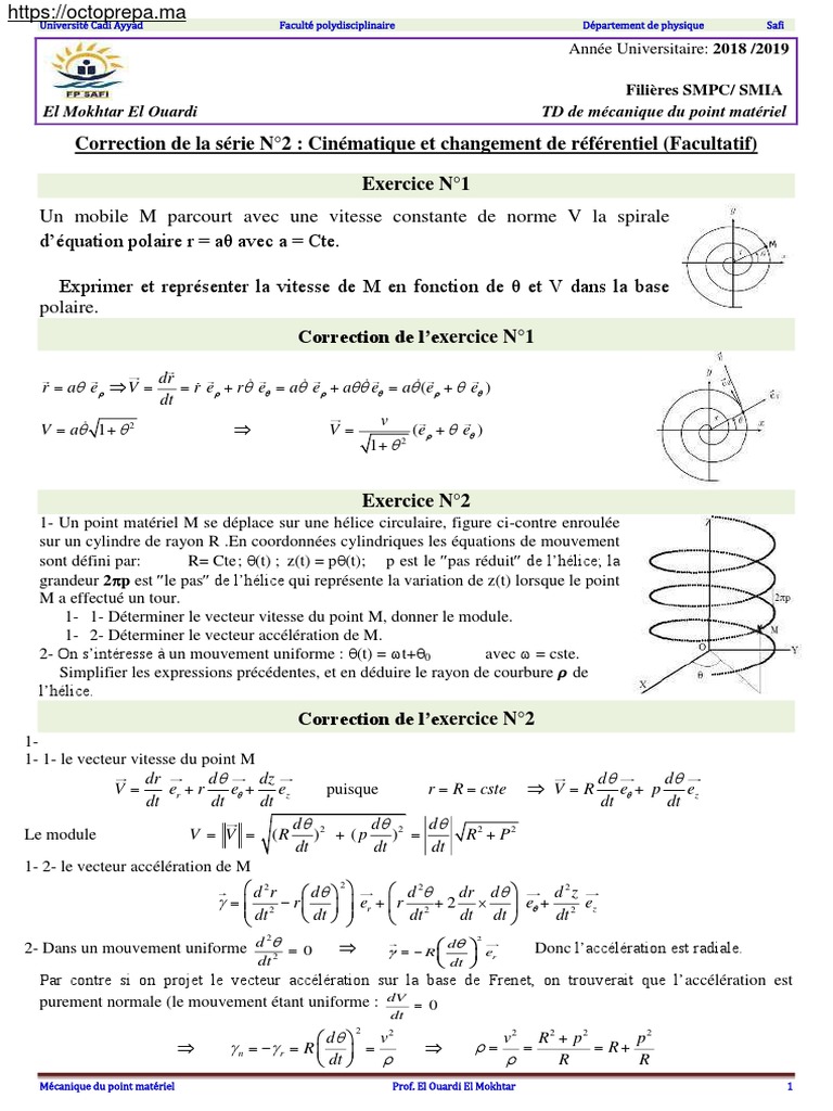 117 Serie Mecanique Du Point SMPC Smia s1 Cinematique Changement Referentiel | PDF ...
