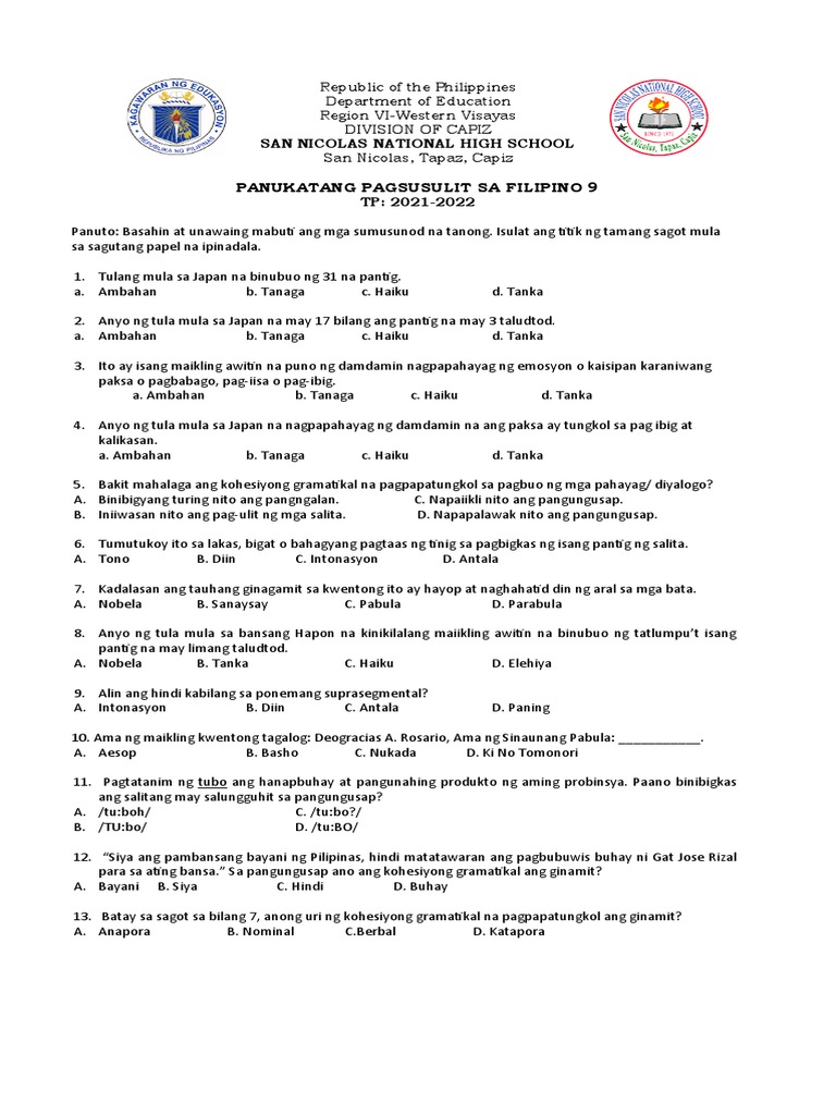 Grade 9 Pre Test | PDF