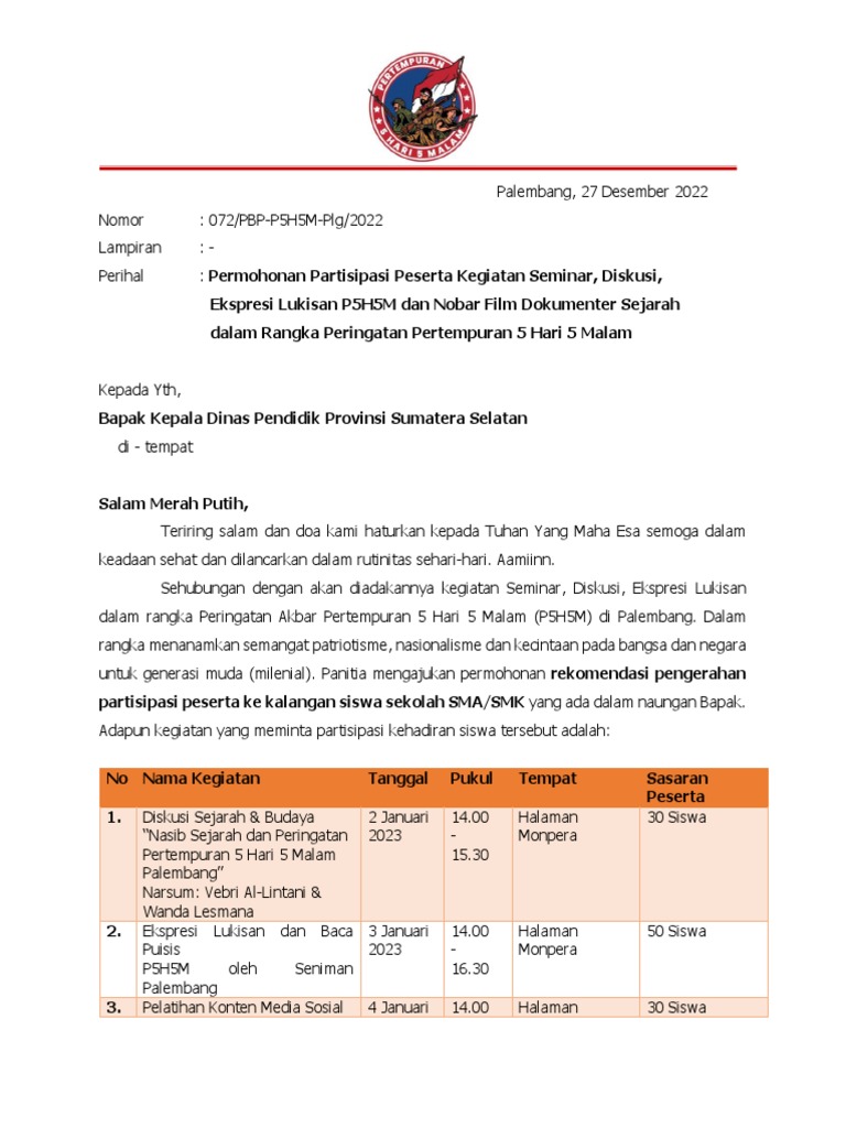 Surat Rekomendasi Partisipasi Peserta Ke Kadisdik Sumsel | PDF Surat Rekomendasi Partisipasi Peserta Ke Kadisdik Sumsel | PDF