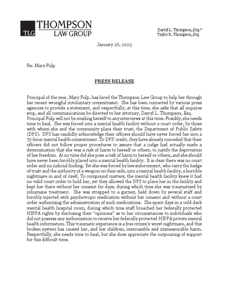 Statement From Law Firm Representing Mary Fulp | PDF