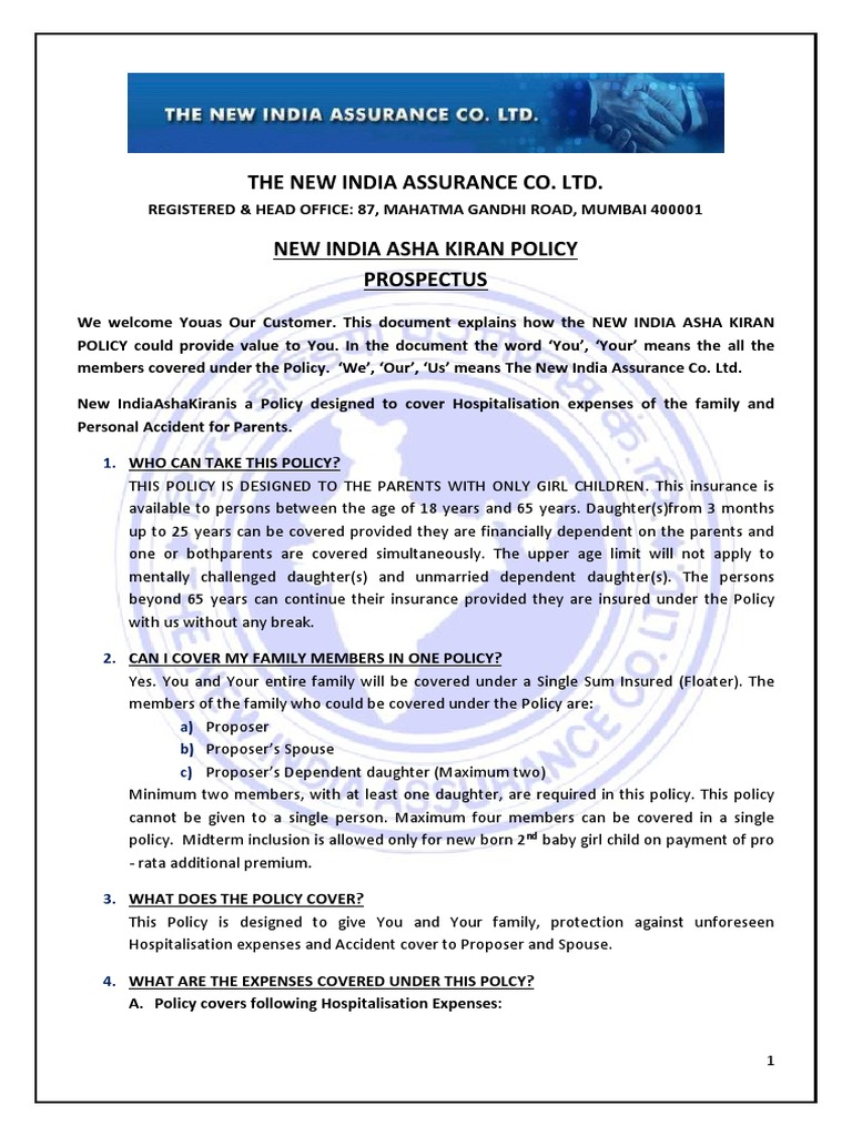 Prospectus New India Asha Kiran Policy | PDF | Insurance | Hospital