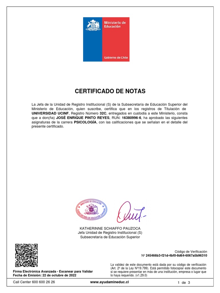 Certificado de Notas: UNIVERSIDAD UCINF, Registro Número 32C, Entregados en Custodia A Este ...
