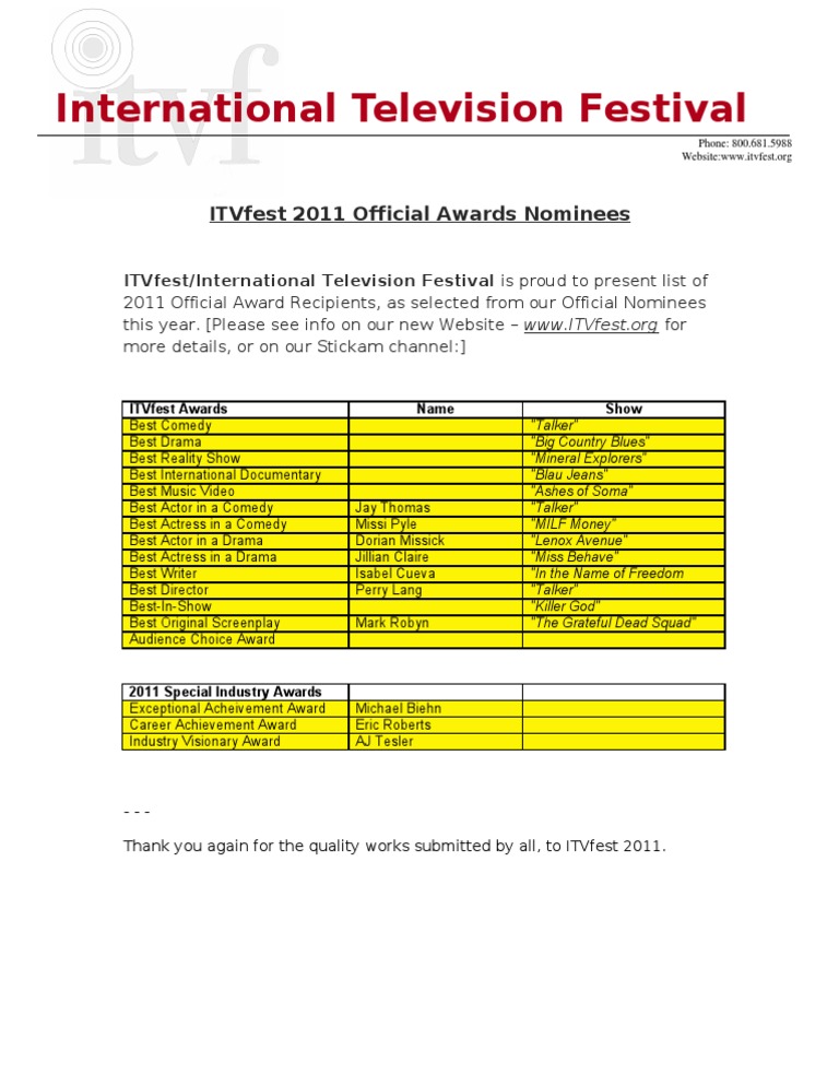 2011 Official ITVfest Received List | PDF