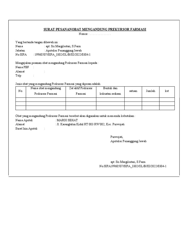 Surat Pesananobat Mengandung Prekursor Farmasi | PDF