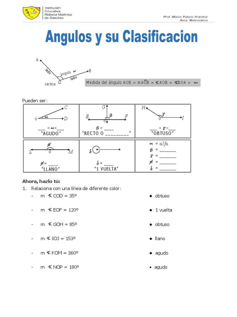 Angulos y Su Clasificacion para Cuarto de Primaria | PDF | Geometría ...