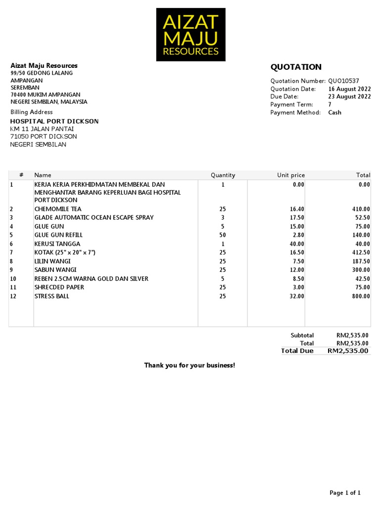 Quotation for Hospital Port Dickson Supplies | PDF