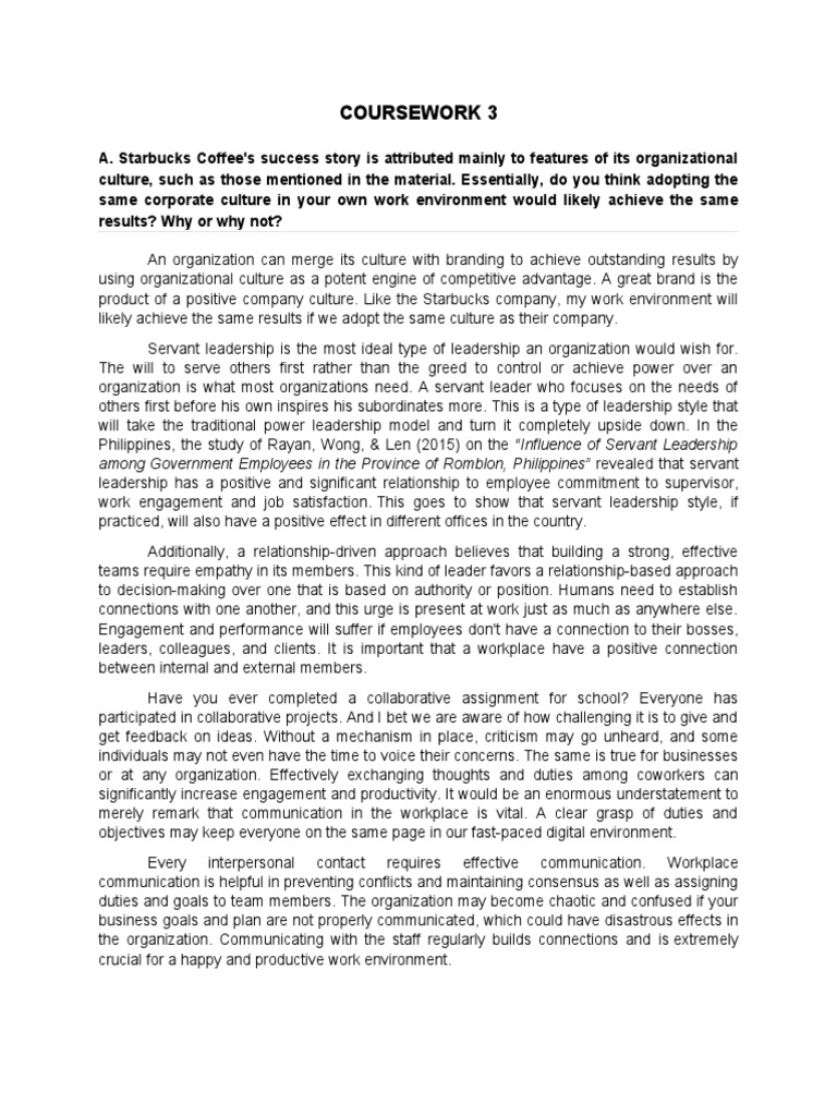 Coursework 3 - Campos, Grace | PDF | Leadership | Organizational Culture