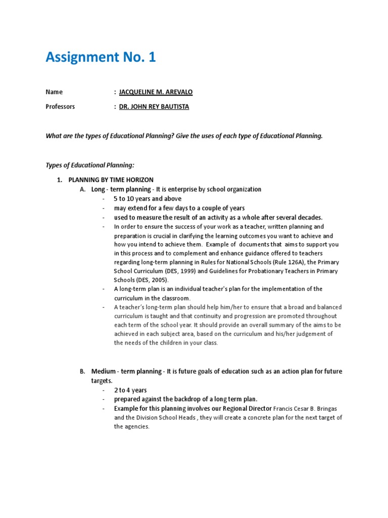 Assignment No. 1 - Educational Planning | PDF | Strategic Planning | Curriculum