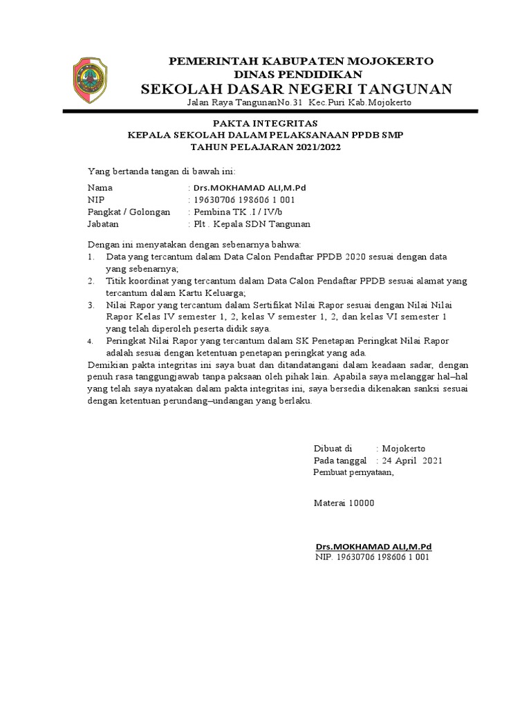 Pakta Integritas PPDB SDN Tangunan | PDF