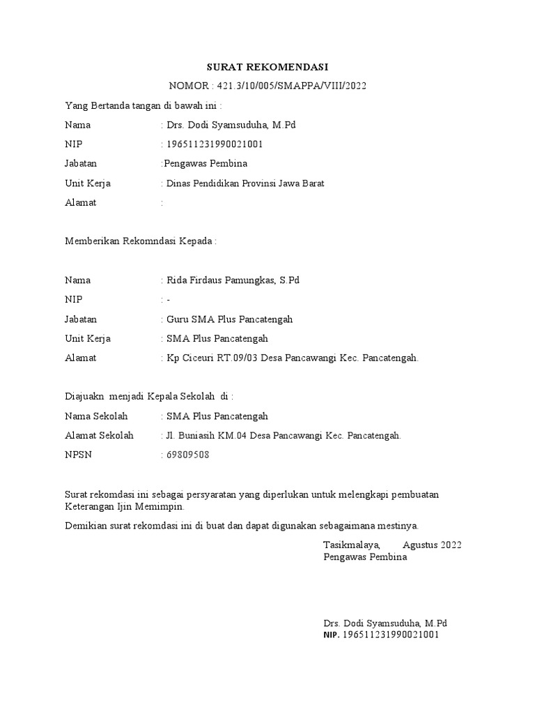 Surat Rekomendasi Pengawas Pembina | PDF