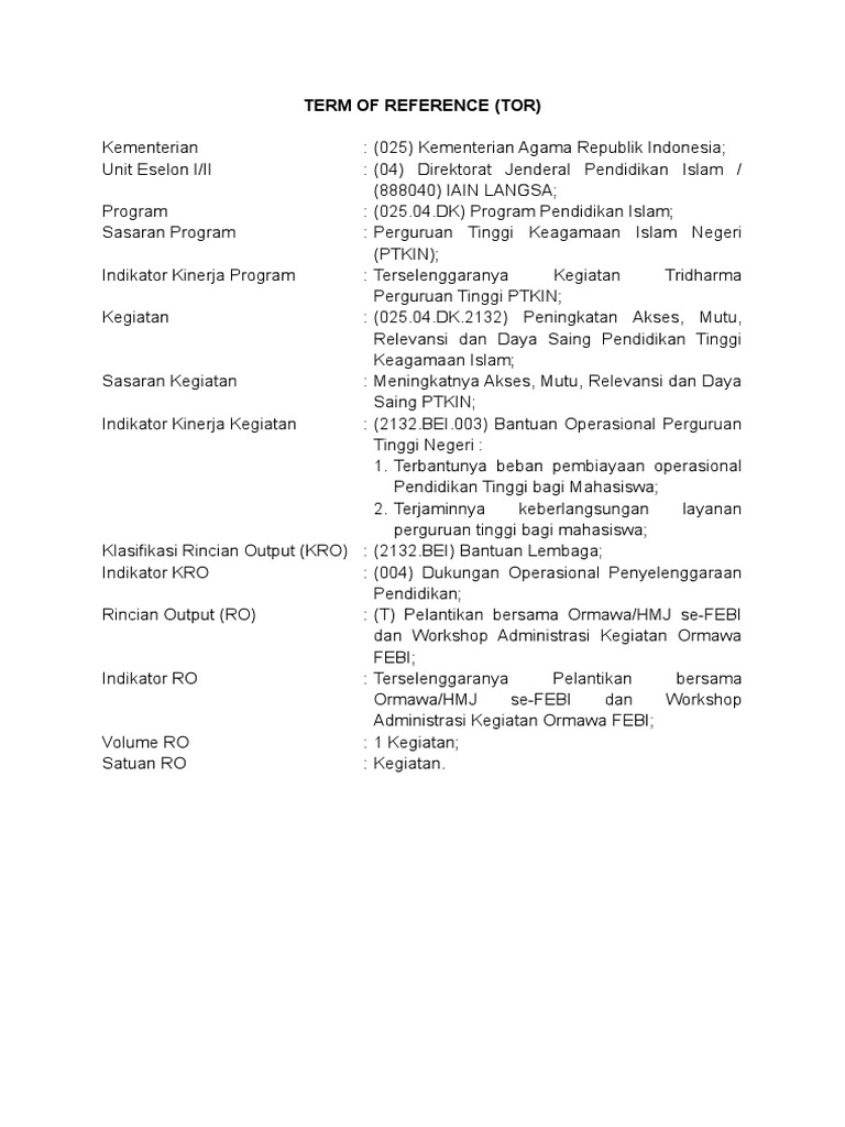 Term of Reference (Tor) | PDF | Bisnis