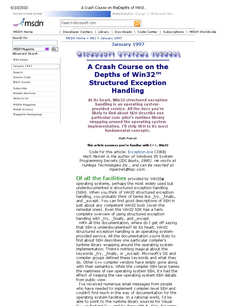 A Crash Course On TheDepths of Win32 Structured Exception Handling, MSJ January 1997 | PDF ...
