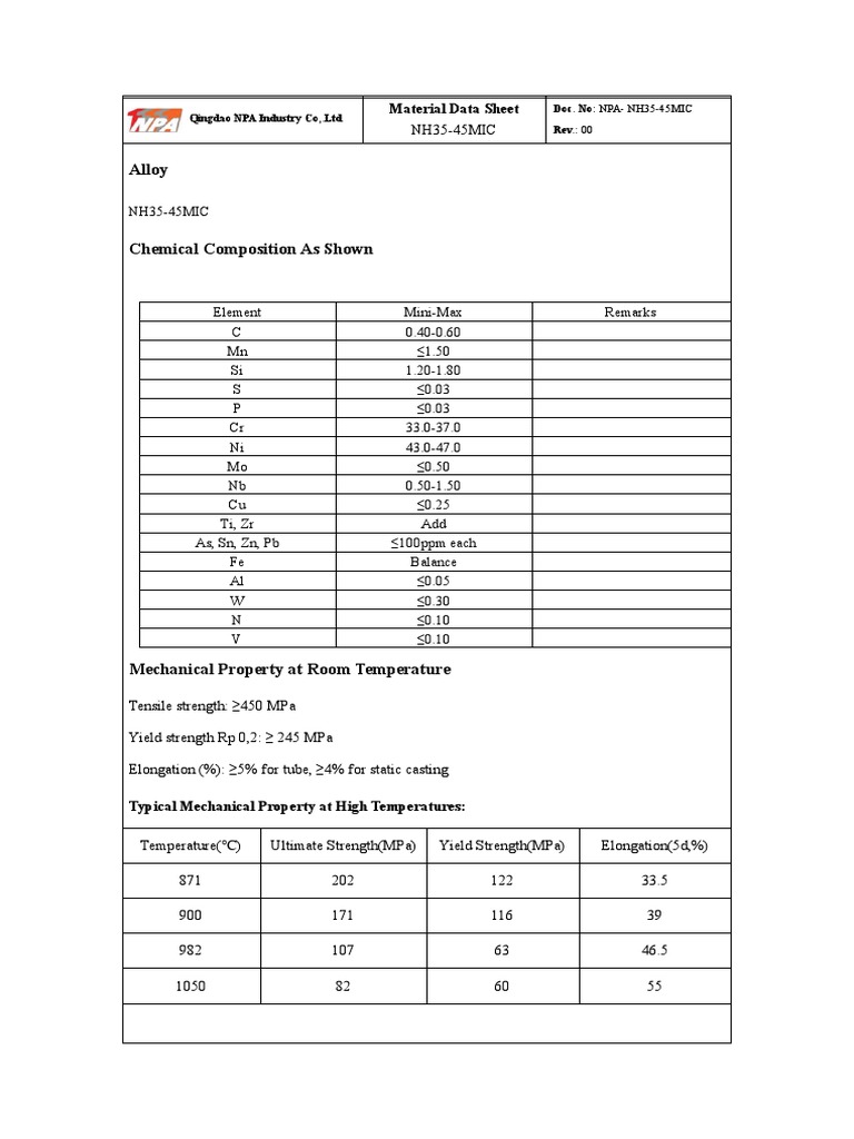 Material Data Sheet For NH35-45MIC | PDF | Strength Of Materials ...