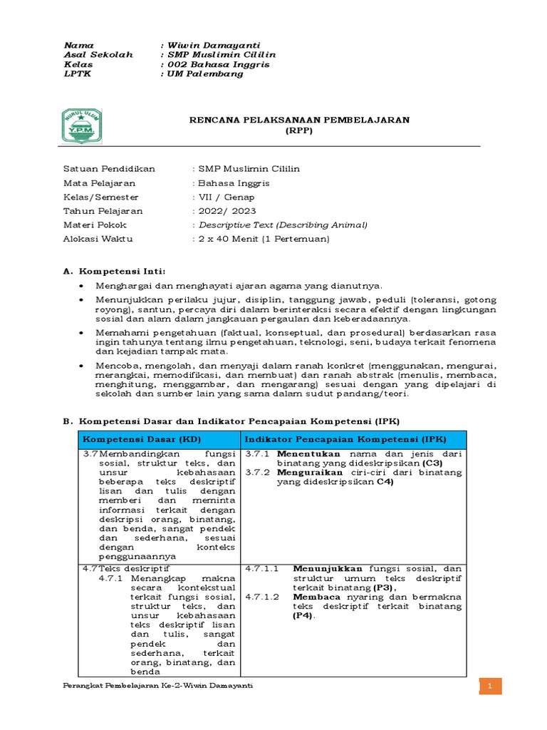 RPP Descriptive Text (Describing Animal) | PDF
