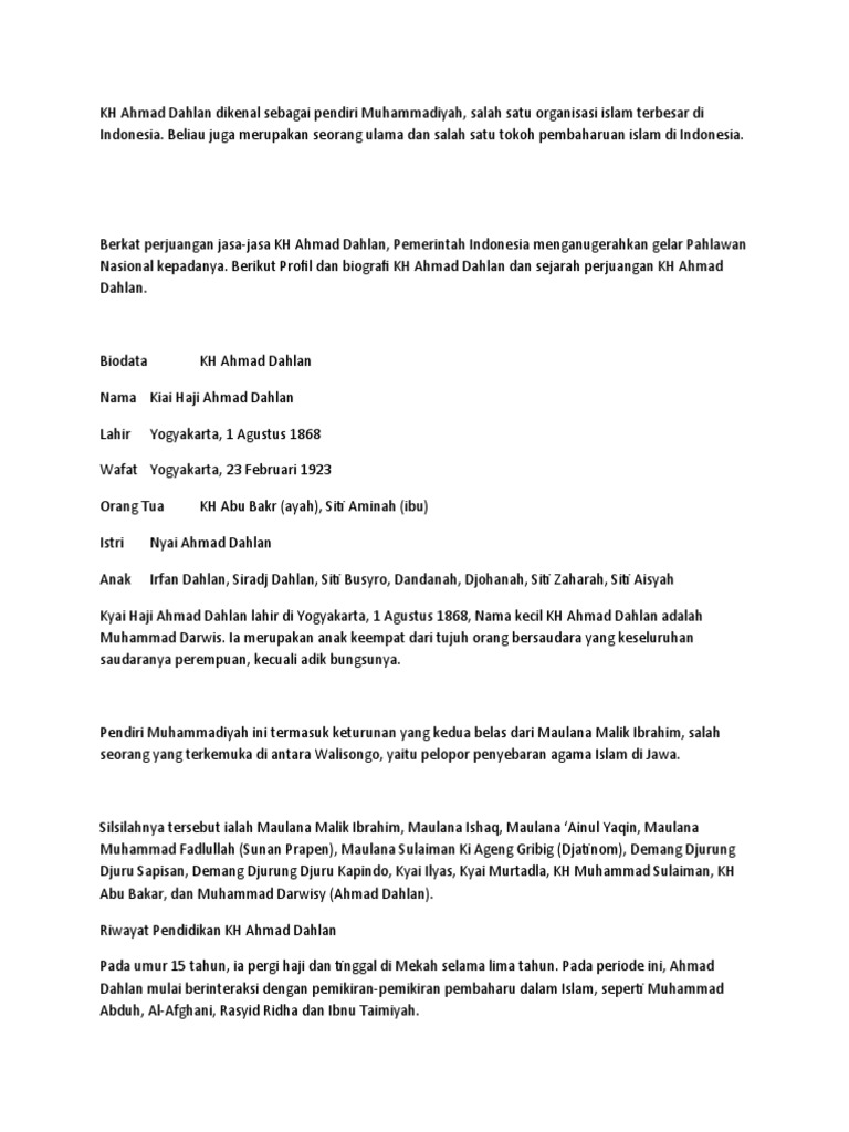 Biografi KH Ahmad Dahlan Dikenal Sebagai Pendiri Muhammadiyah | PDF Biografi KH Ahmad Dahlan Dikenal Sebagai Pendiri Muhammadiyah | PDF