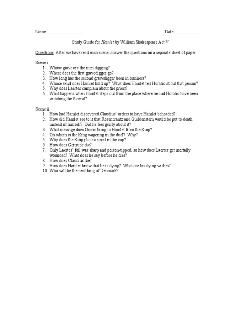 Study Guide Questions For Act Five of Hamlet | PDF | Hamlet ...