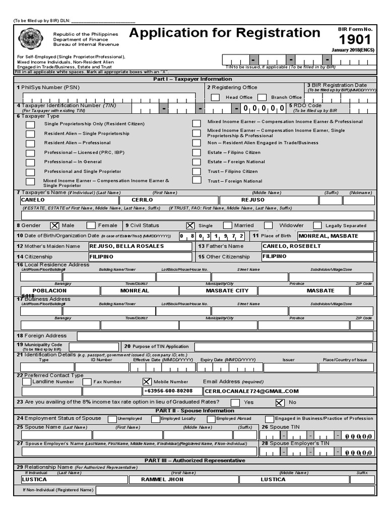 BIR Form 1901: Self-Employed Registration | PDF | Taxes | Receipt