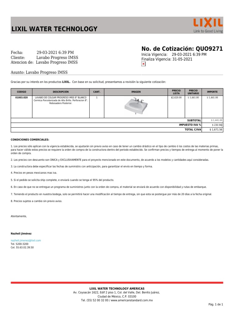 Propuesta American Standard Lavabos Progreso Imss Marzo 2021 Quo9271