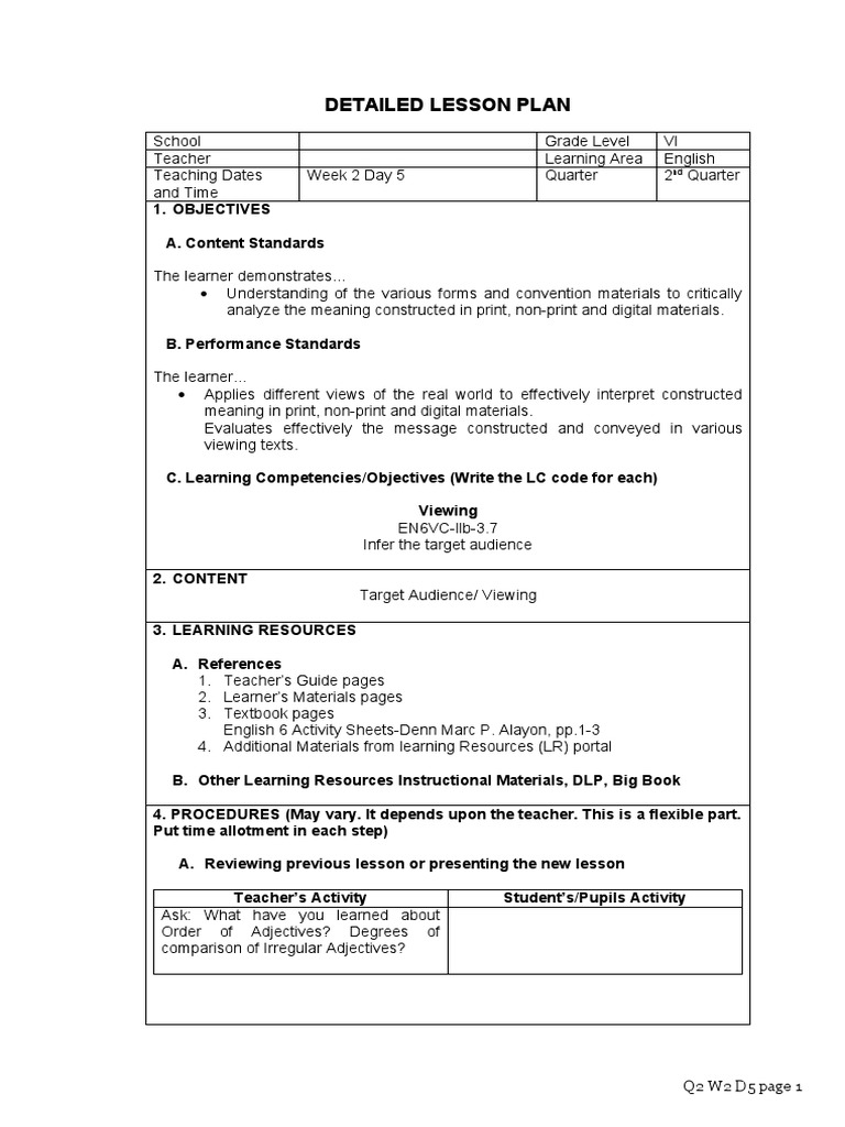 DLP English 6 w2d5 | Download Free PDF | Teachers | Learning