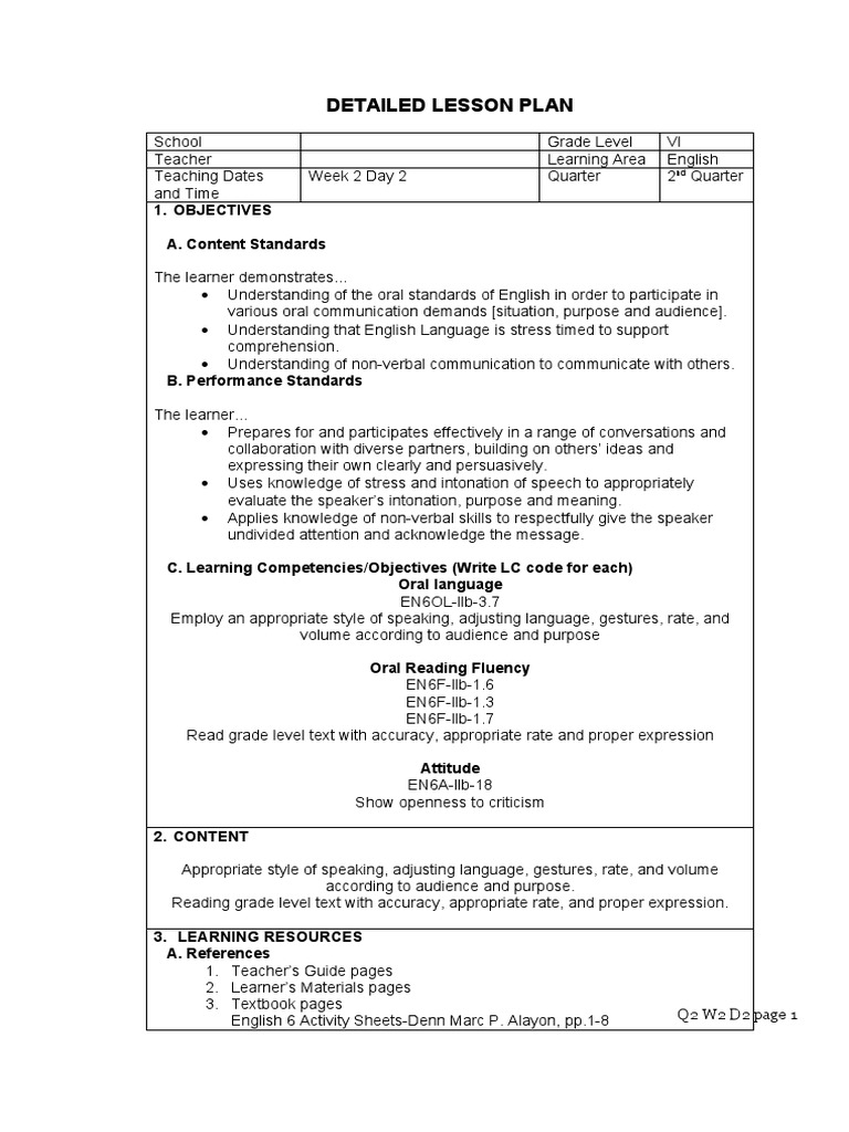 DLP English 6 w2d2 | PDF | Learning | Teachers