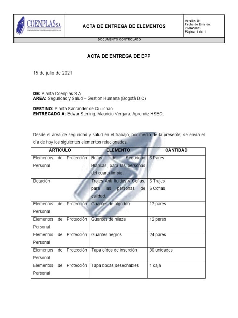 Acta entrega EPP plantas | PDF