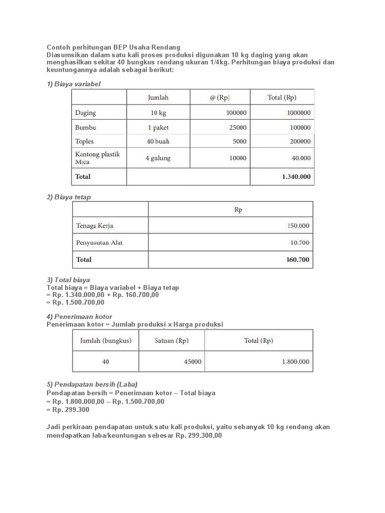 Contoh Perhitungan BEP Usaha Rendang | PDF | Memasak, Makanan, & Anggur