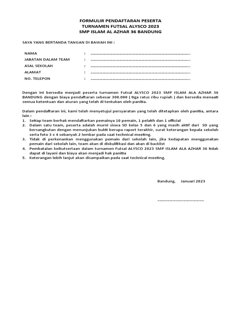 FORMULIR PENDAFTARAN PESERTA Futsal | PDF