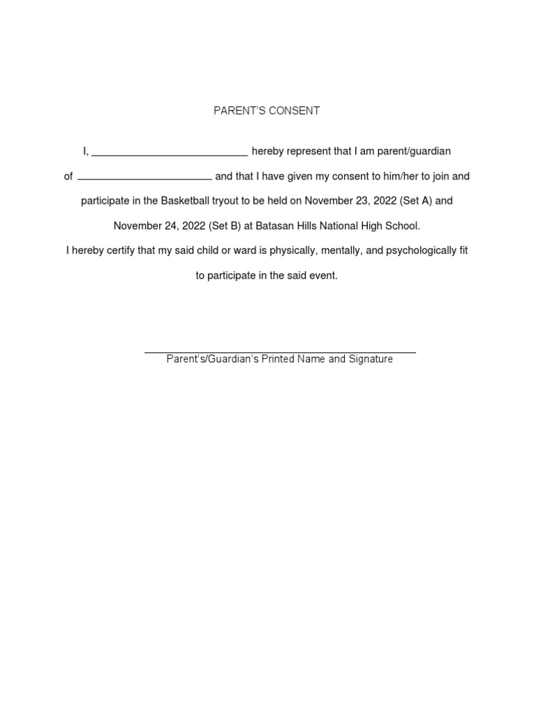 Parent consent form for basketball tryouts | PDF