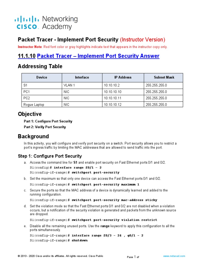 11.1.10 Packet Tracer - Implement Port Security | PDF | Network ...