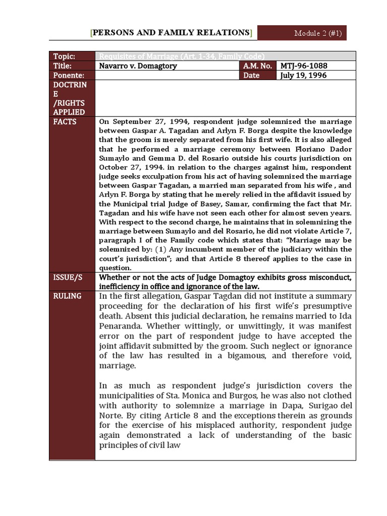 Requisites of Marriage: Analysis of Navarro v. Domagtory Decision ...