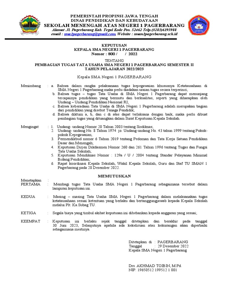 SK Pembagian Tugas TU SMSTR II Tapel 2223 | PDF