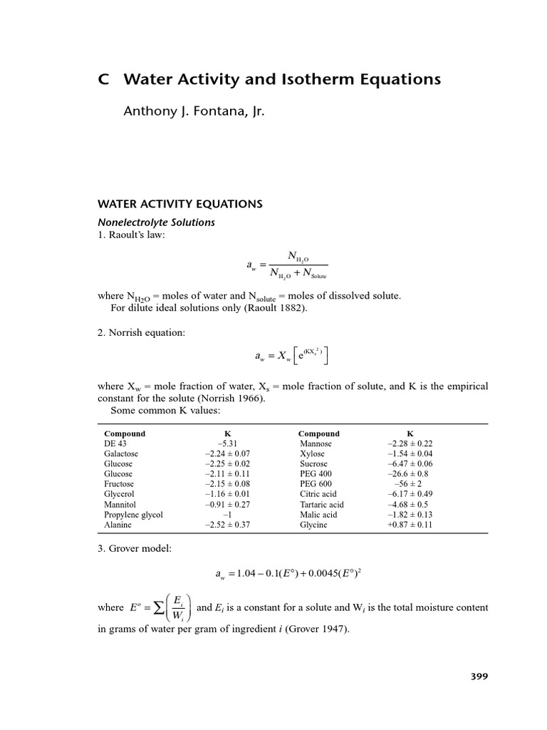 Water ActivWater Activity and Isotherm Equations | PDF | Chemical ...