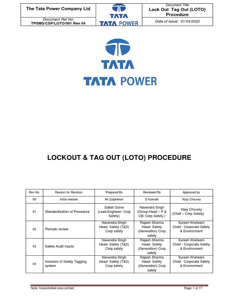Tata Power LOTO Procedure Overview | PDF | Safety