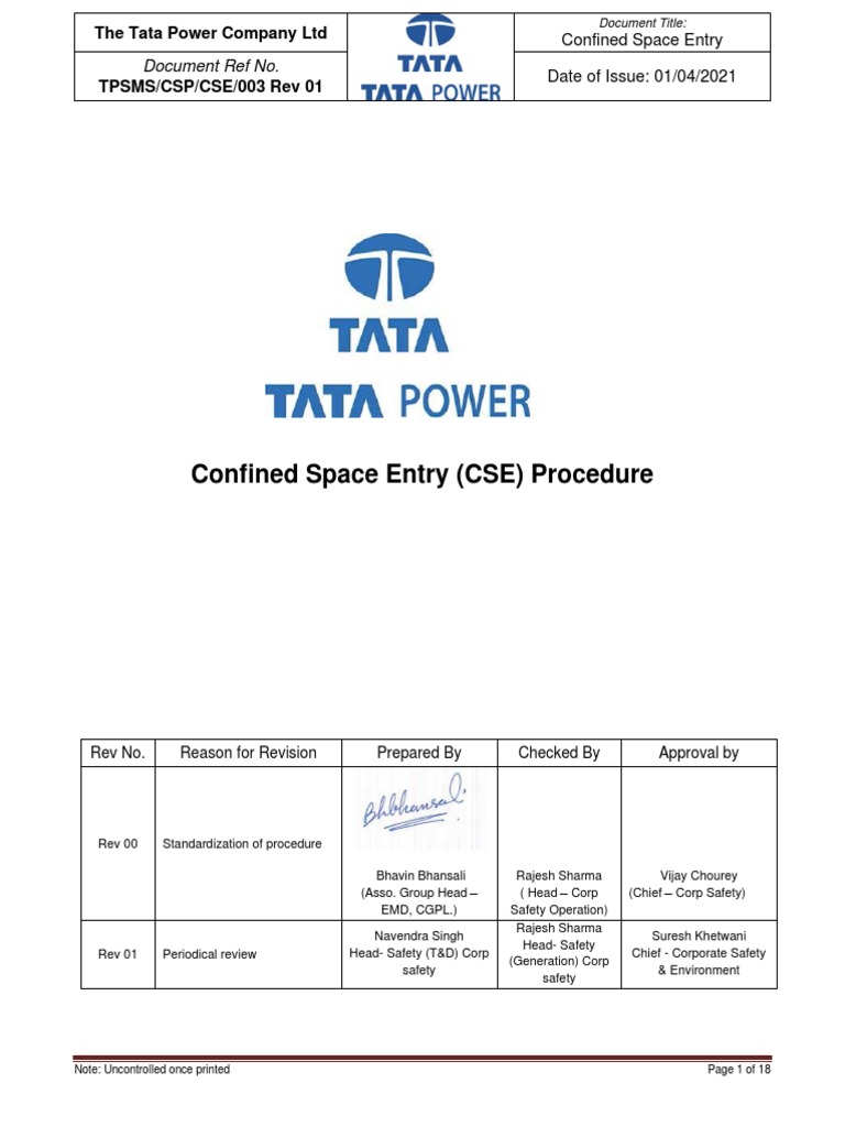 03 - Tata Power Confined Space Entry Procedure | PDF | Workplace | Safety 03 - Tata Power Confined Space Entry Procedure | PDF | Workplace | Safety