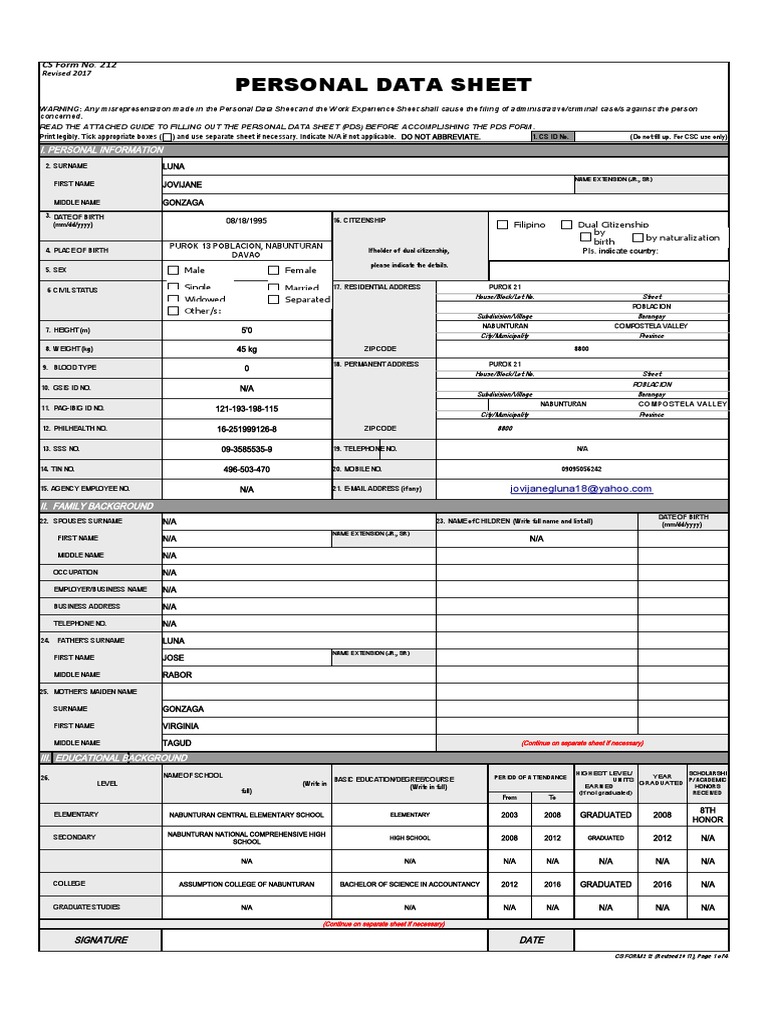 Personal Data Sheet Template | PDF | Crimes | Crime & Violence