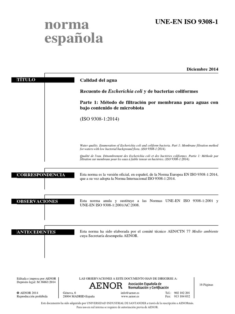 Iso 9308 - 1 - 2014 | PDF | Agua | Las bacterias