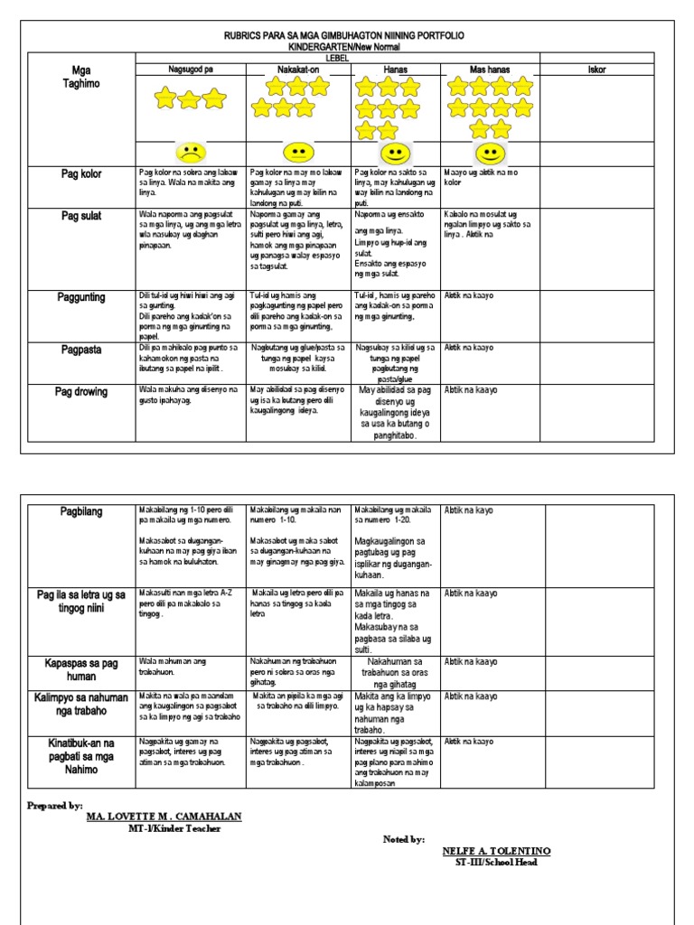 Portfolio Rubrics For Kindergarten | PDF