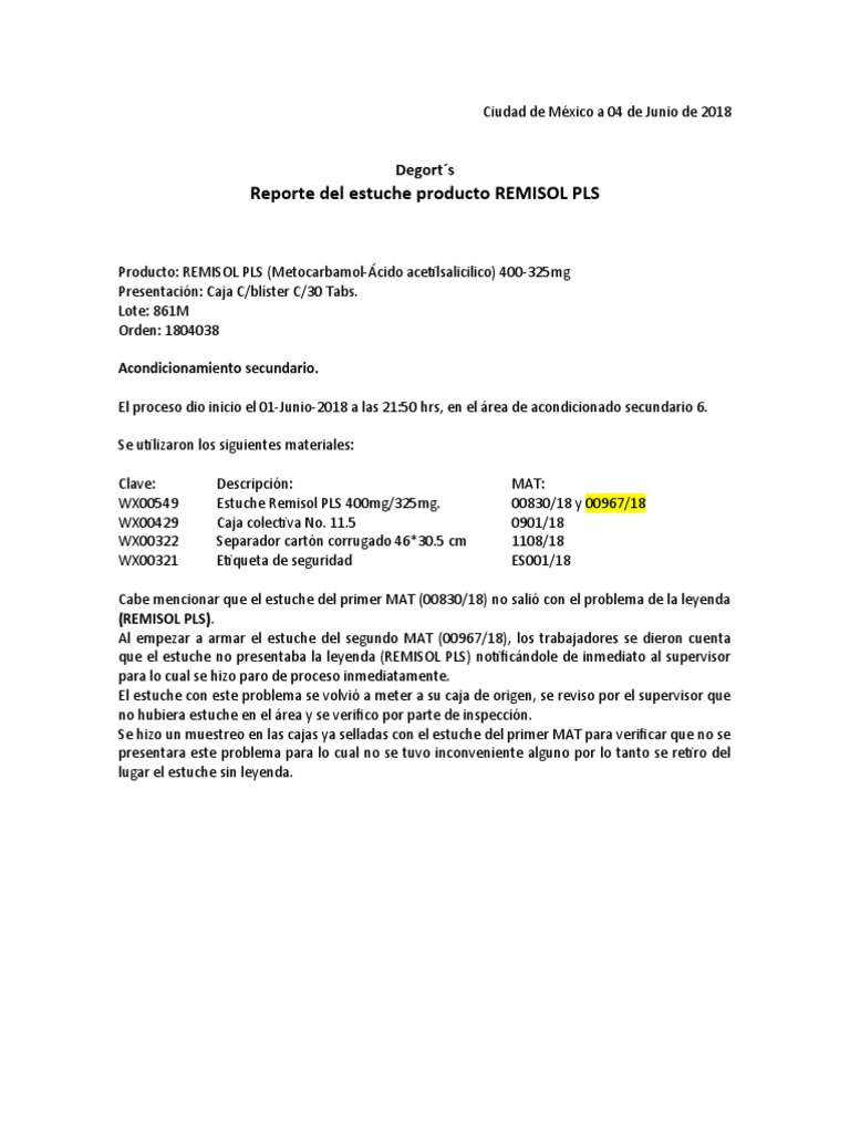 Reporte del estuche REMISOL PLS 400-325mg lote 861M | PDF