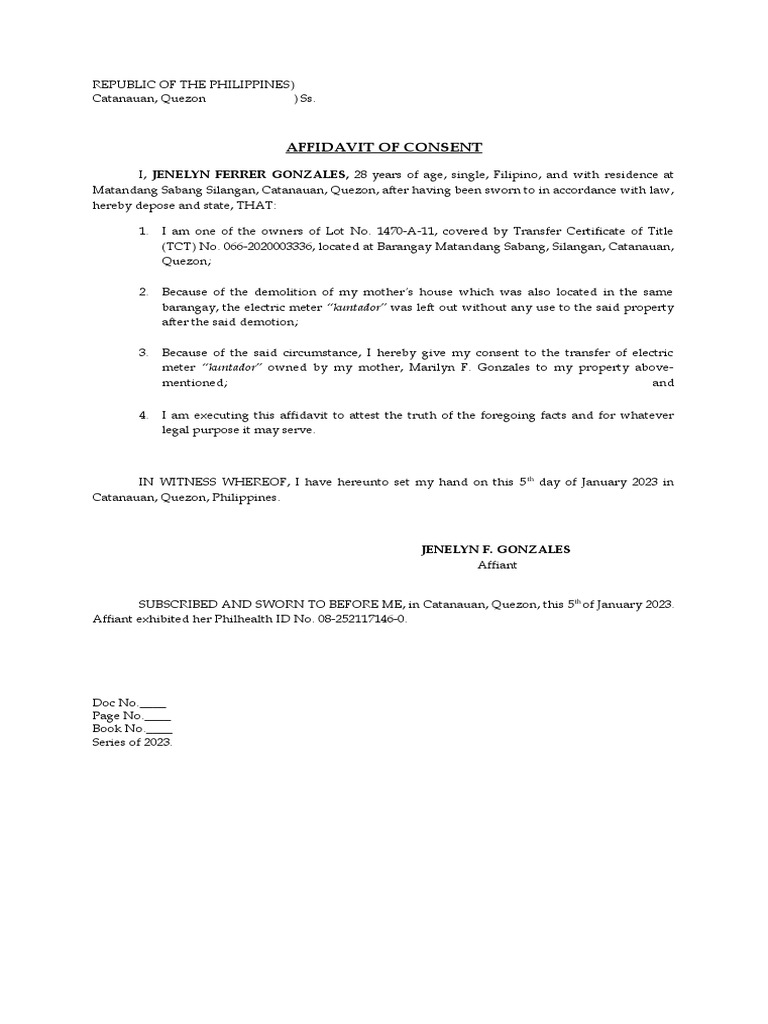 Affidavit of Consent for Electric Meter Transfer | PDF