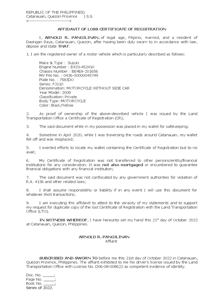 Affidavit of Loss CR Pangilinan | PDF | Affidavit | Transport
