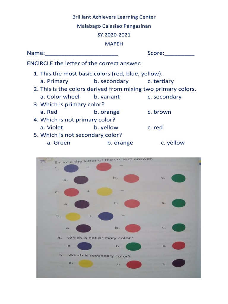Primary Colors Quiz for Preschool | PDF | Career & Growth
