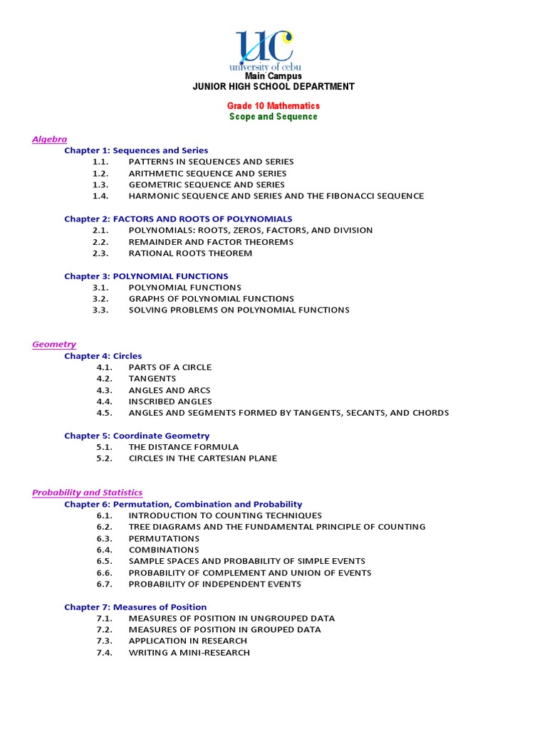 Grade 10 Scope and Sequence | PDF | Science & Mathematics