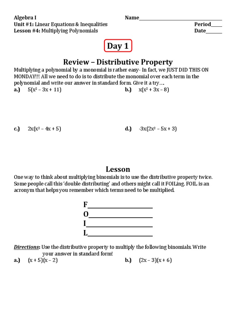 Algebra1Unit1Lesson4 - Notes - Multiplying Polynomials | PDF ...