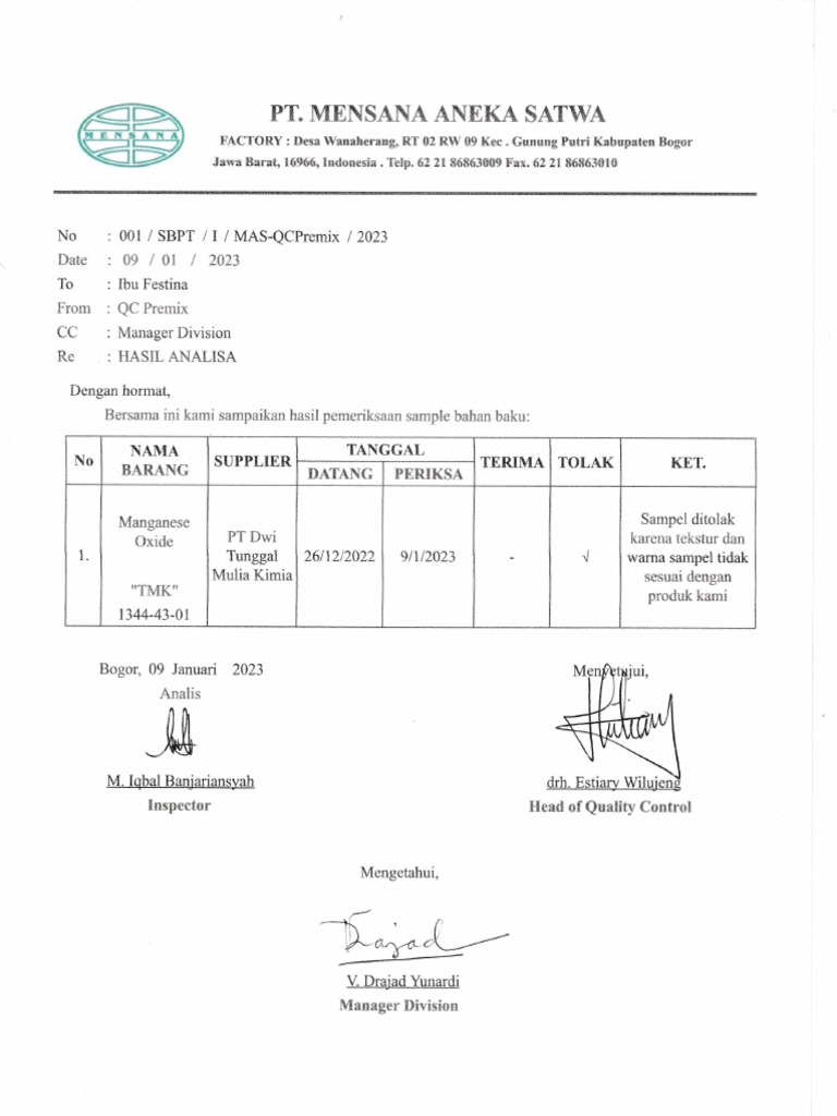 Hasil Pemeriksaan Sampel Bahan Baku | PDF