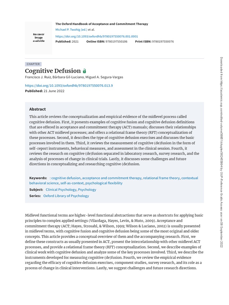 Ruiz Et Al. 2022 Cognitive Defusion | PDF | Thought | Cognition