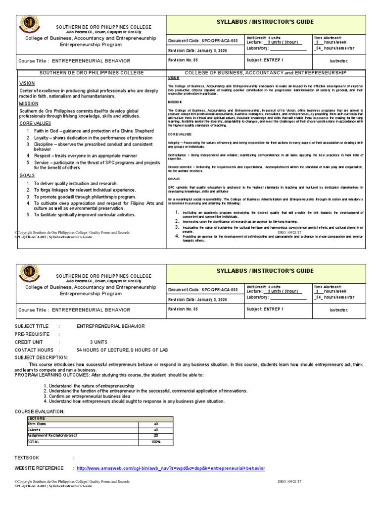 Entrep Behavior Obe | PDF | Entrepreneurship | Educational Assessment