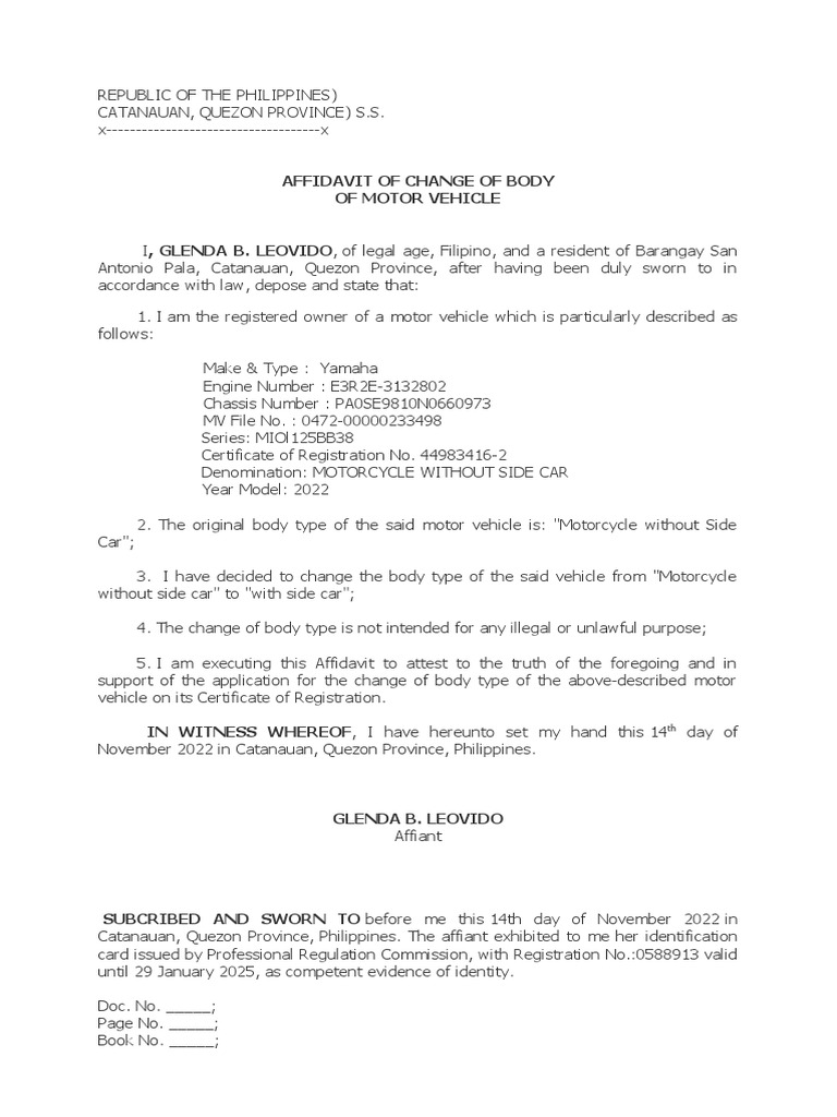 Affidavit of Change of Body Design From Without Side Car | PDF