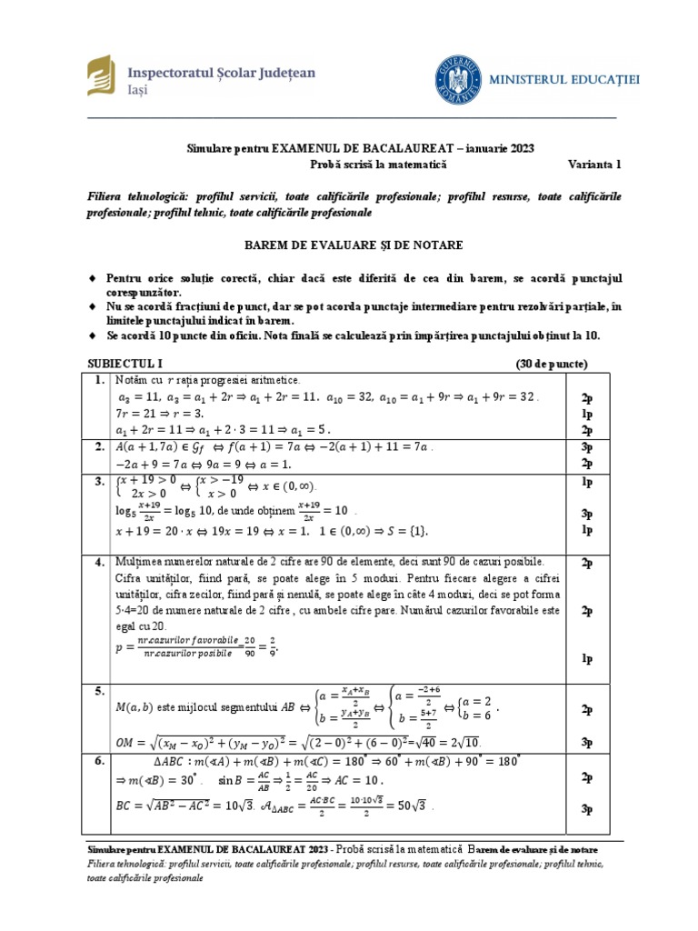 Simulare BAC Tehnologic - Iași - Ianuarie 2023 - Barem | PDF