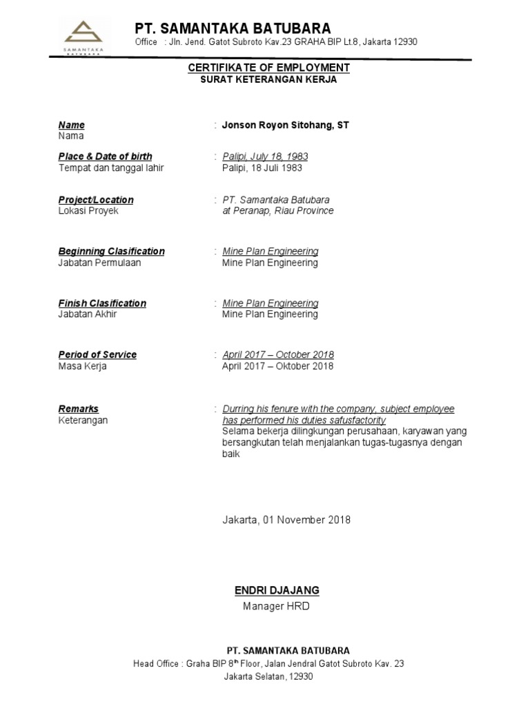 Surat Keterangan Kerja Jonson | PDF