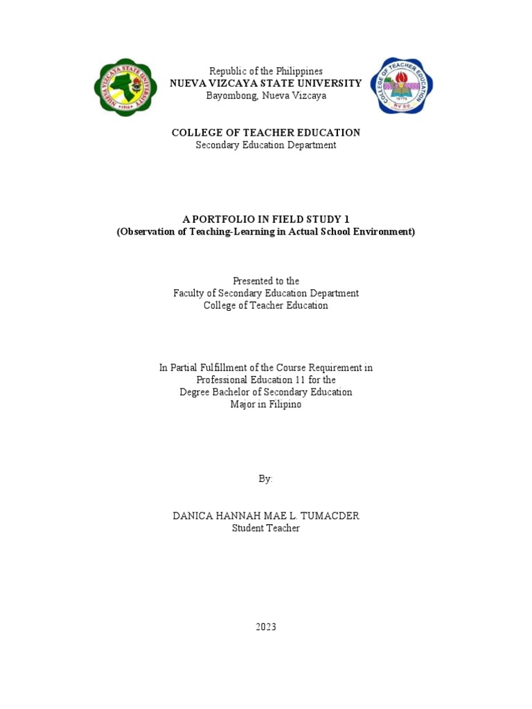 Observing Teaching and Learning in the Field: A Portfolio Documenting Danica Hannah Mae L ...